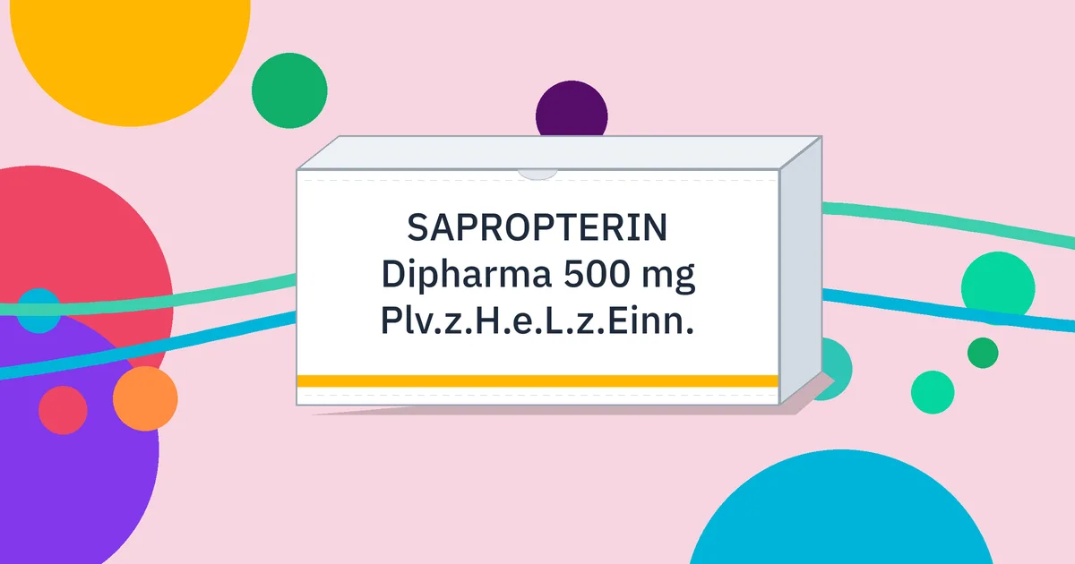 Symbolbild: Packung mit der Aufschrift SAPROPTERIN Dipharma 500 mg Plv.z.H.e.L.z.Einn. (PZN 19445650) – Verfügbarkeit und Bezug in Apotheken in Frankfurt am Main