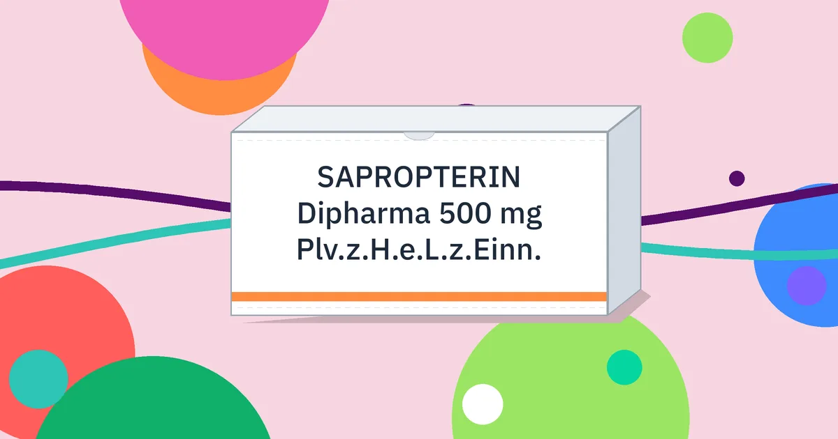Symbolbild: Packung mit der Aufschrift SAPROPTERIN Dipharma 500 mg Plv.z.H.e.L.z.Einn. (PZN 17920331) – Verfügbarkeit und Bezug in Apotheken in Frankfurt am Main