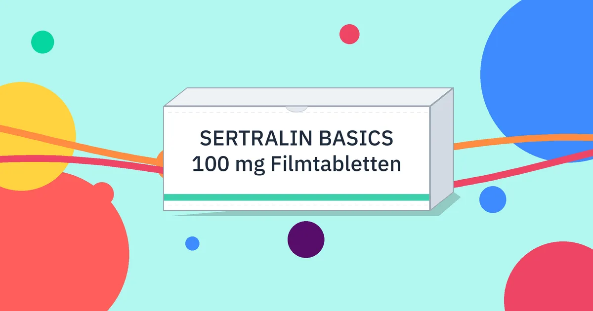 Symbolbild: Packung mit der Aufschrift SERTRALIN BASICS 100 mg Filmtabletten (PZN 12529295) – Verfügbarkeit und Bezug in Apotheken in Frankfurt am Main