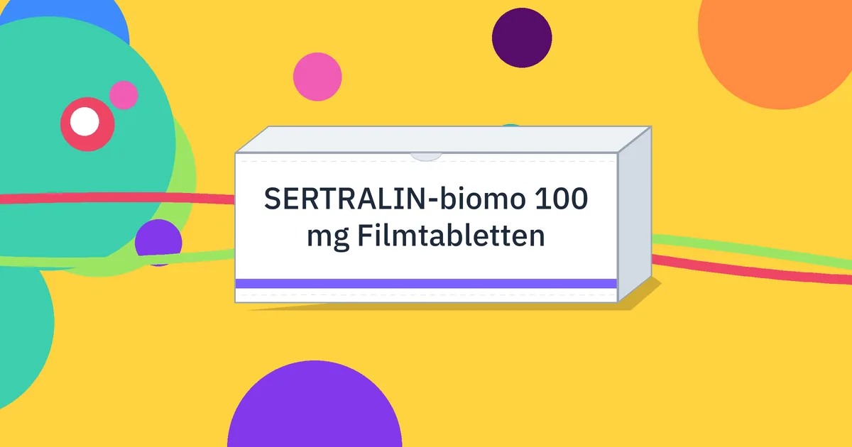 Symbolbild: Packung mit der Aufschrift SERTRALIN-biomo 100 mg Filmtabletten (PZN 01055084) – Verfügbarkeit und Bezug in Apotheken in Frankfurt am Main