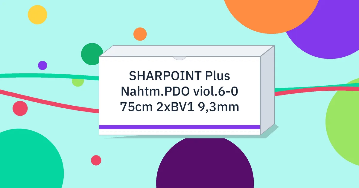 Symbolbild: Packung mit der Aufschrift SHARPOINT Plus Nahtm.PDO viol.6-0 75cm 2xBV1 9,3mm (PZN 17994134) – Verfügbarkeit und Bezug in Apotheken in Frankfurt am Main