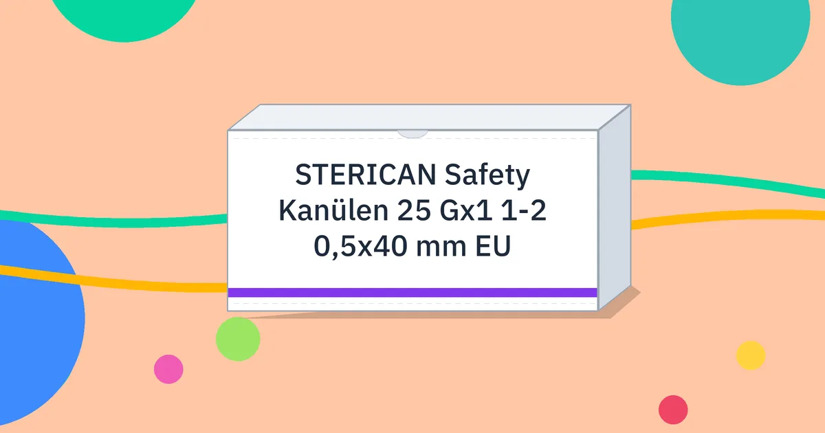 Symbolbild: Packung mit der Aufschrift STERICAN Safety Kanülen 25 Gx1 1-2 0,5x40 mm EU (PZN 13353786) – Verfügbarkeit und Bezug in Apotheken in Frankfurt am Main