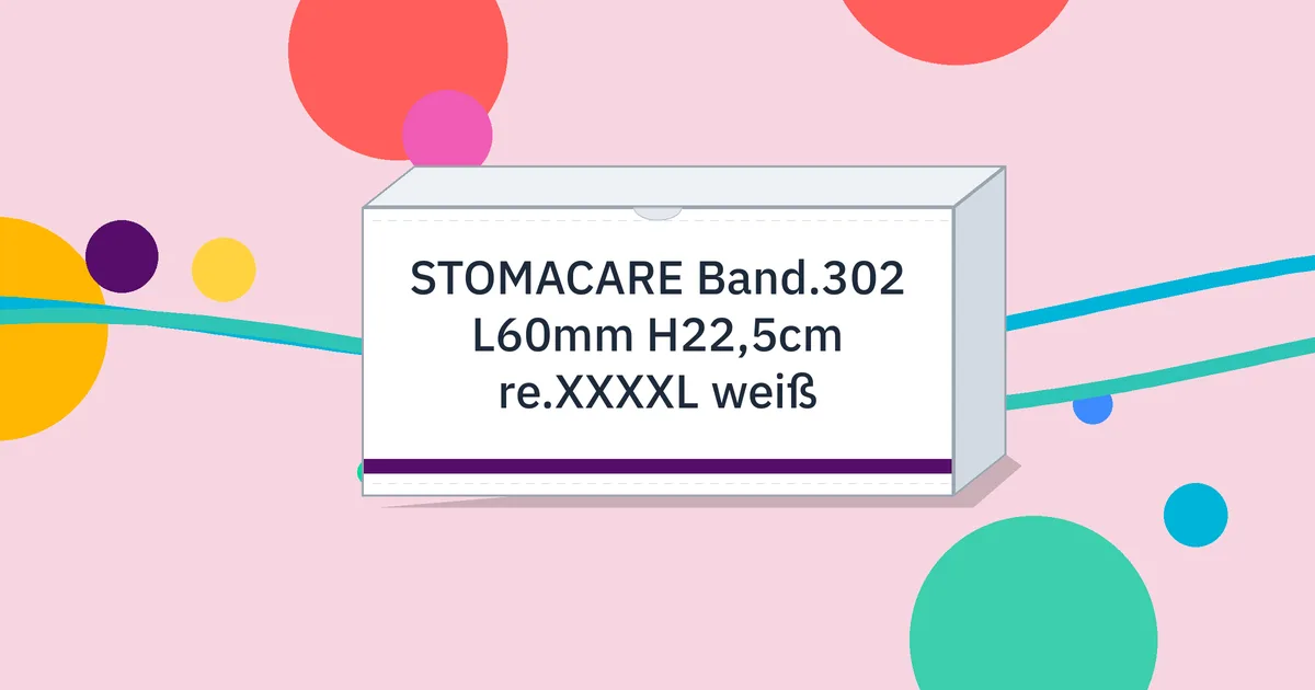 Symbolbild: Packung mit der Aufschrift STOMACARE Band.302 L60mm H22,5cm re.XXXXL weiß (PZN 06431971) – Verfügbarkeit und Bezug in Apotheken in Frankfurt am Main
