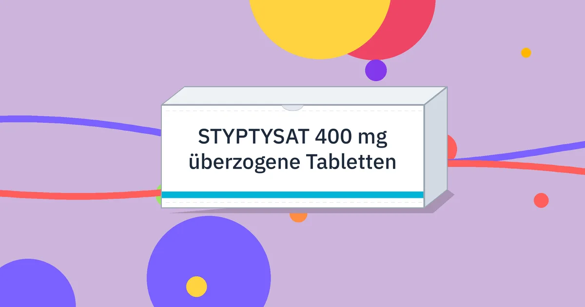 Symbolbild: Packung mit der Aufschrift STYPTYSAT 400 mg überzogene Tabletten (PZN 18196759) – Verfügbarkeit und Bezug in Apotheken in Frankfurt am Main