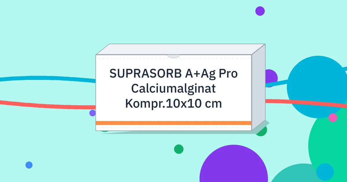 Symbolbild: Packung mit der Aufschrift SUPRASORB A+Ag Pro Calciumalginat Kompr.10x10 cm (PZN 19649329) – Verfügbarkeit und Bezug in Apotheken in Frankfurt am Main