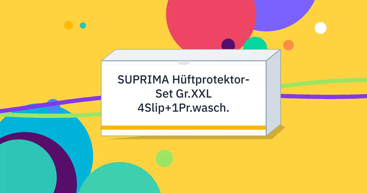 Symbolbild: Packung mit der Aufschrift SUPRIMA Hüftprotektor-Set Gr.XXL 4Slip+1Pr.wasch. (PZN 07711833) – Verfügbarkeit und Bezug in Apotheken in Frankfurt am Main