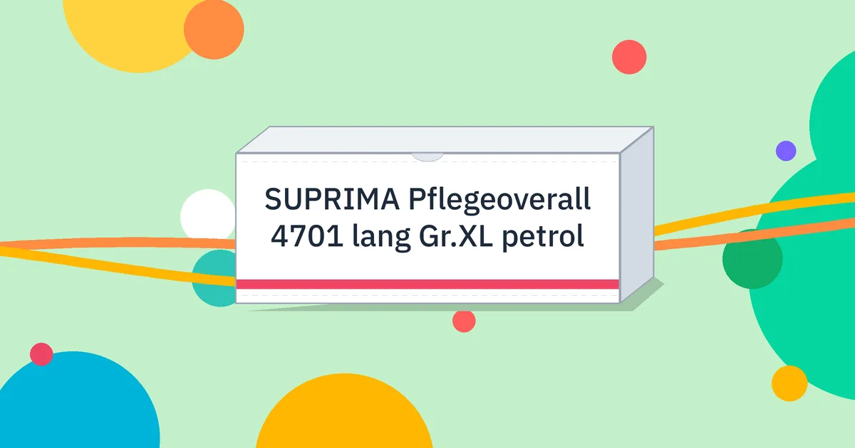 Symbolbild: Packung mit der Aufschrift SUPRIMA Pflegeoverall 4701 lang Gr.XL petrol (PZN 09377002) – Verfügbarkeit und Bezug in Apotheken in Frankfurt am Main