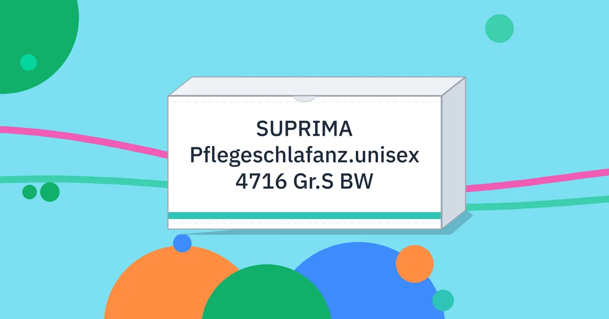 Symbolbild: Packung mit der Aufschrift SUPRIMA Pflegeschlafanz.unisex 4716 Gr.S BW (PZN 16321798) – Verfügbarkeit und Bezug in Apotheken in Frankfurt am Main