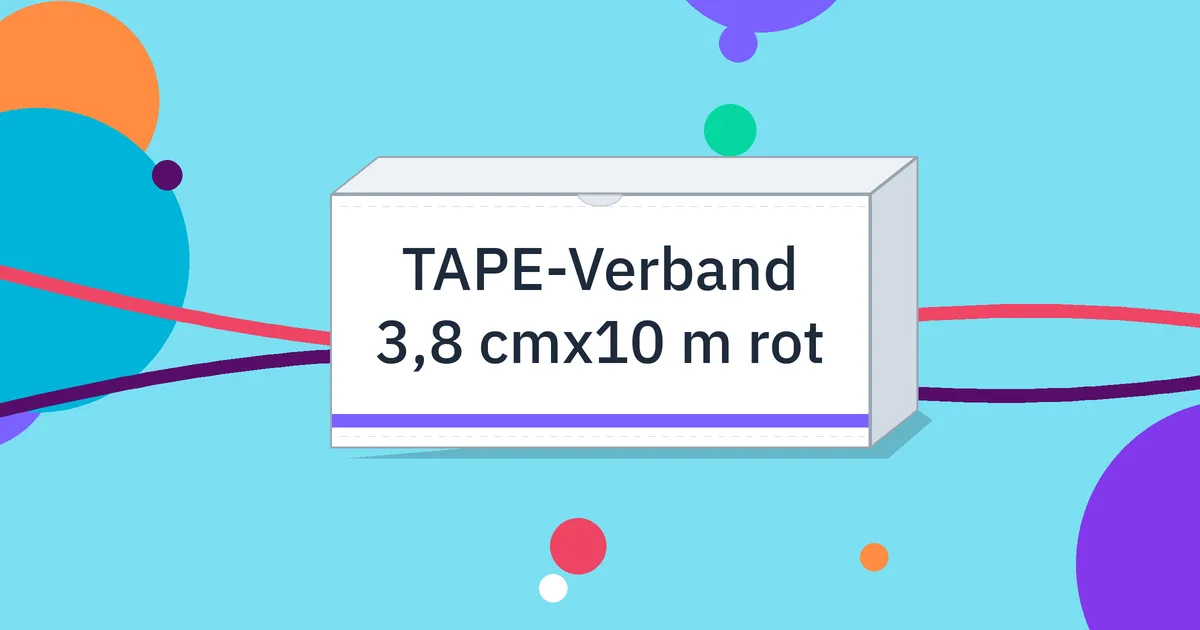 Symbolbild: Packung mit der Aufschrift TAPE-Verband 3,8 cmx10 m rot (PZN 04881457) – Verfügbarkeit und Bezug in Apotheken in Frankfurt am Main