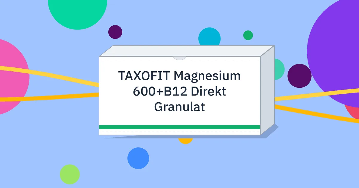 Symbolbild: Packung mit der Aufschrift TAXOFIT Magnesium 600+B12 Direkt Granulat (PZN 18263065) – Verfügbarkeit und Bezug in Apotheken in Frankfurt am Main