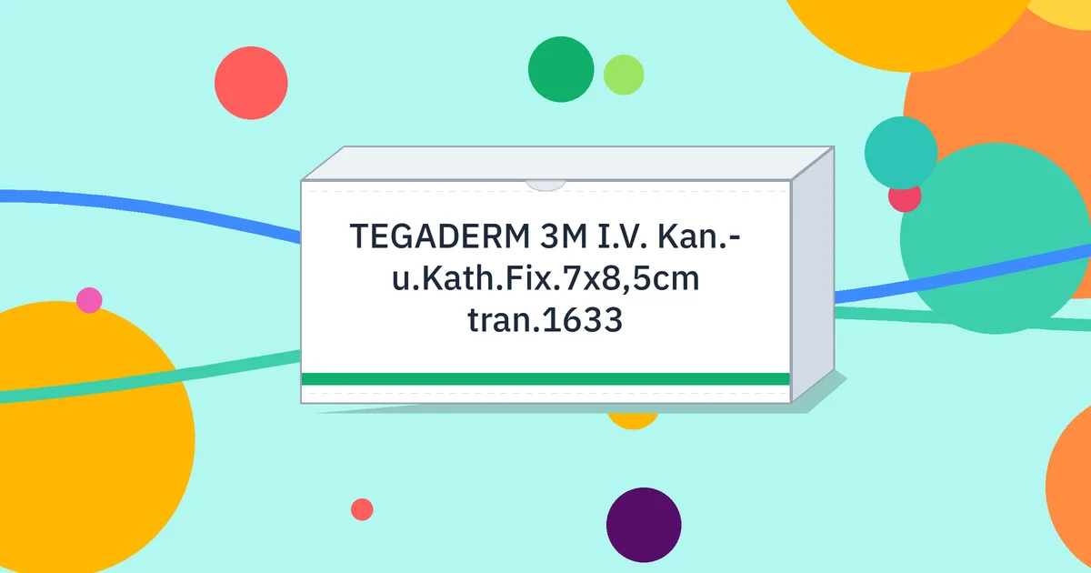 Symbolbild: Packung mit der Aufschrift TEGADERM 3M I.V. Kan.-u.Kath.Fix.7x8,5cm tran.1633 (PZN 18375982) – Verfügbarkeit und Bezug in Apotheken in Frankfurt am Main