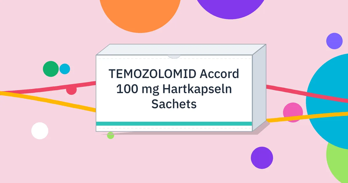 Symbolbild: Packung mit der Aufschrift TEMOZOLOMID Accord 100 mg Hartkapseln Sachets (PZN 16563892) – Verfügbarkeit und Bezug in Apotheken in Frankfurt am Main