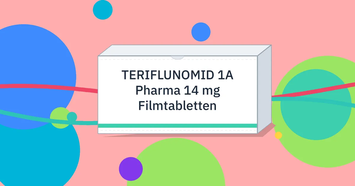 Symbolbild: Packung mit der Aufschrift TERIFLUNOMID 1A Pharma 14 mg Filmtabletten (PZN 19101519) – Verfügbarkeit und Bezug in Apotheken in Frankfurt am Main