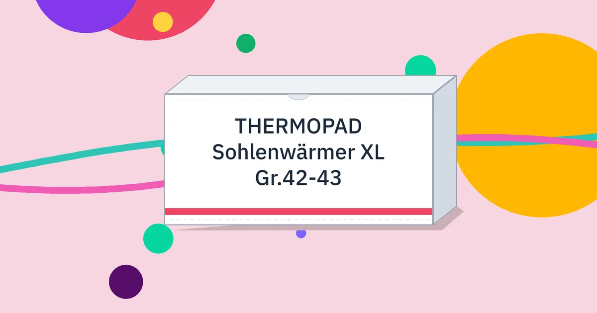 Symbolbild: Packung mit der Aufschrift THERMOPAD Sohlenwärmer XL Gr.42-43 (PZN 19079665) – Verfügbarkeit und Bezug in Apotheken in Frankfurt am Main