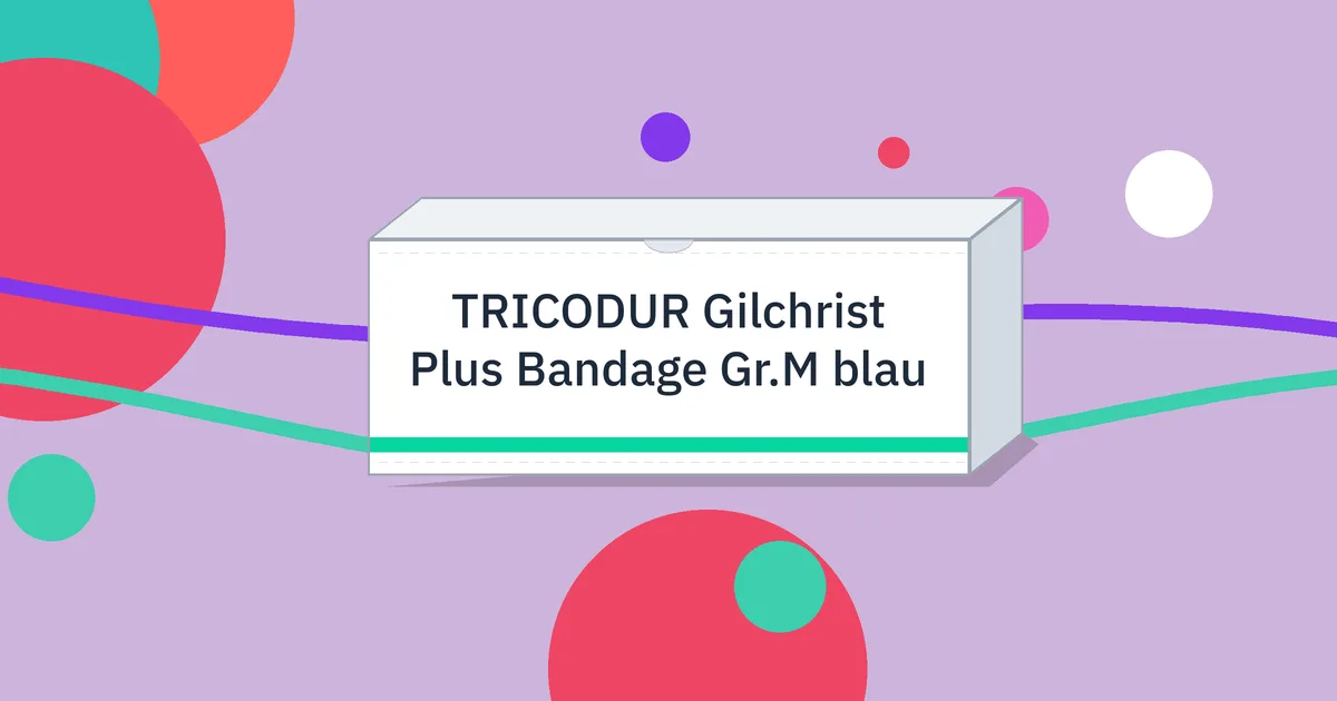 Symbolbild: Packung mit der Aufschrift TRICODUR Gilchrist Plus Bandage Gr.M blau (PZN 04983063) – Verfügbarkeit und Bezug in Apotheken in Frankfurt am Main