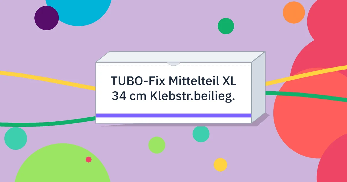 Symbolbild: Packung mit der Aufschrift TUBO-Fix Mittelteil XL 34 cm Klebstr.beilieg. (PZN 18796301) – Verfügbarkeit und Bezug in Apotheken in Frankfurt am Main