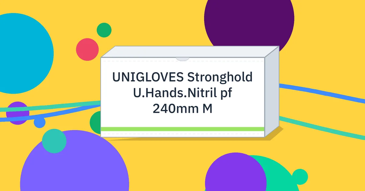 Symbolbild: Packung mit der Aufschrift UNIGLOVES Stronghold U.Hands.Nitril pf 240mm M (PZN 20079021) – Verfügbarkeit und Bezug in Apotheken in Frankfurt am Main