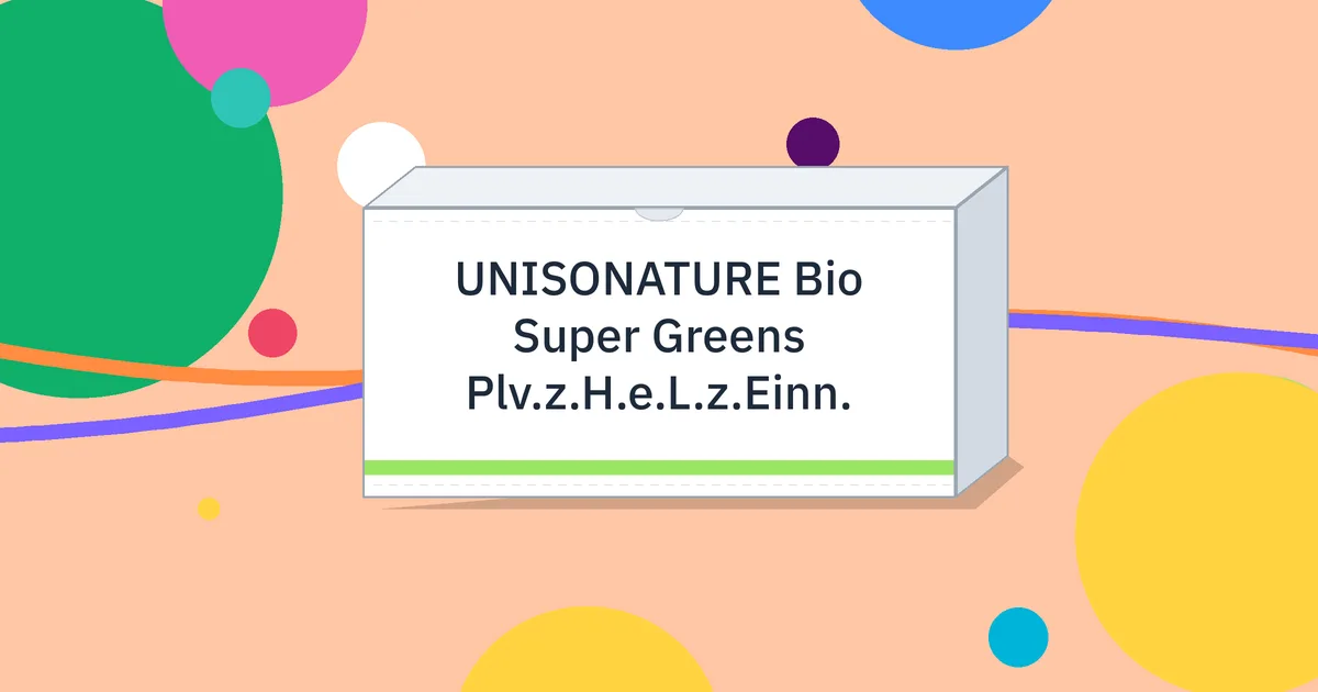 Symbolbild: Packung mit der Aufschrift UNISONATURE Bio Super Greens Plv.z.H.e.L.z.Einn. (PZN 19895258) – Verfügbarkeit und Bezug in Apotheken in Frankfurt am Main