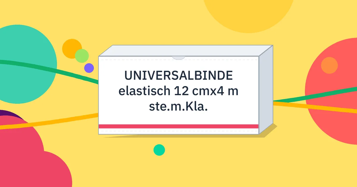 Symbolbild: Packung mit der Aufschrift UNIVERSALBINDE elastisch 12 cmx4 m ste.m.Kla. (PZN 06932064) – Verfügbarkeit und Bezug in Apotheken in Frankfurt am Main