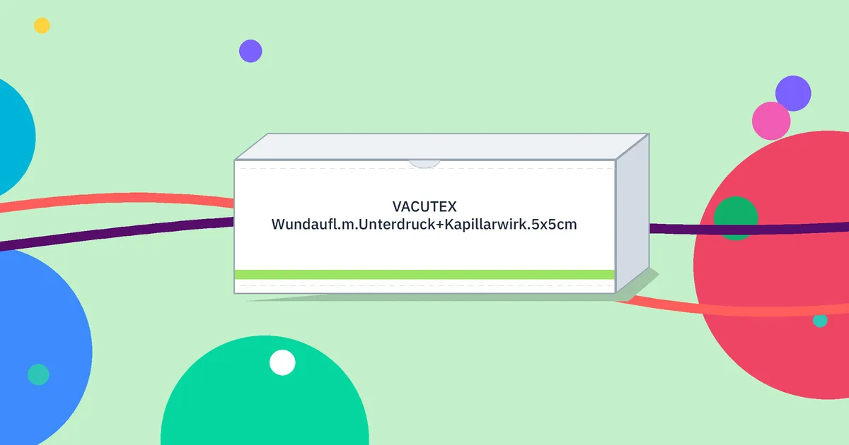 Symbolbild: Packung mit der Aufschrift VACUTEX Wundaufl.m.Unterdruck+Kapillarwirk.5x5cm (PZN 19422241) – Verfügbarkeit und Bezug in Apotheken in Frankfurt am Main