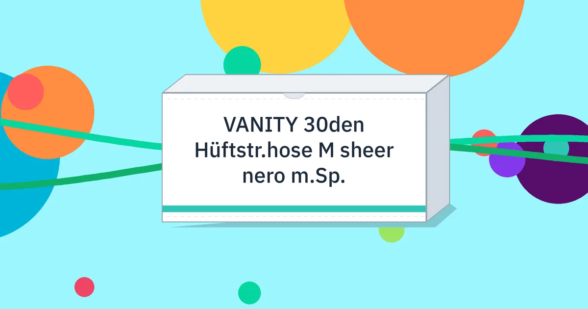 Symbolbild: Packung mit der Aufschrift VANITY 30den Hüftstr.hose M sheer nero m.Sp. (PZN 16188313) – Verfügbarkeit und Bezug in Apotheken in Frankfurt am Main