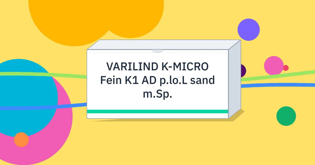 Symbolbild: Packung mit der Aufschrift VARILIND K-MICRO Fein K1 AD p.lo.L sand m.Sp. (PZN 20618972) – Verfügbarkeit und Bezug in Apotheken in Frankfurt am Main