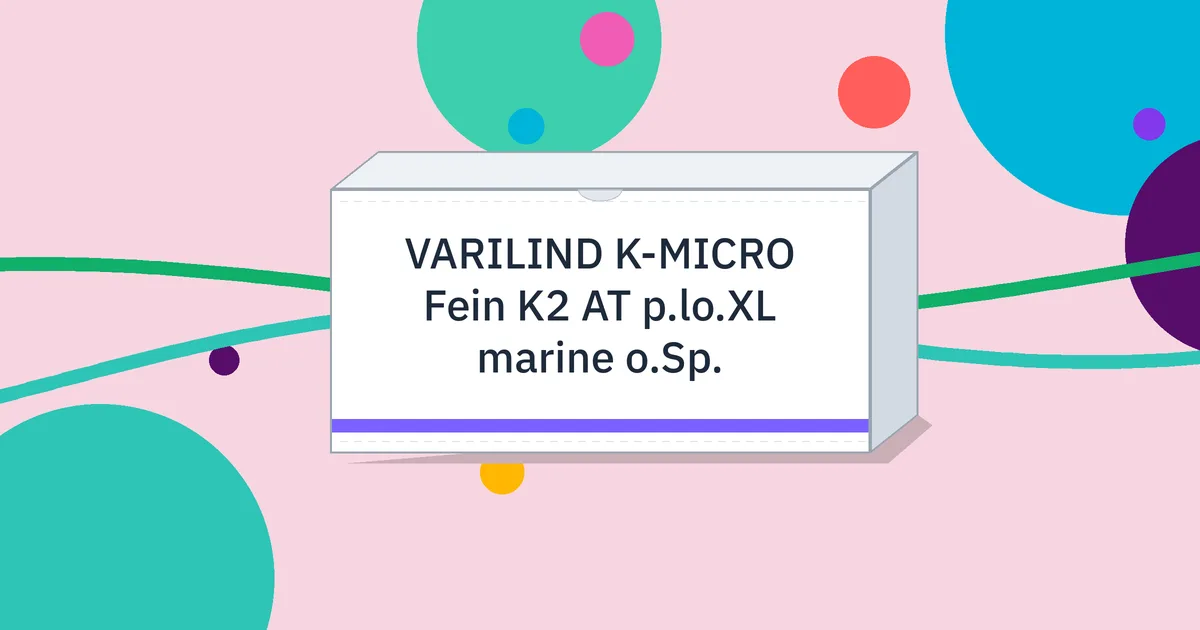 Symbolbild: Packung mit der Aufschrift VARILIND K-MICRO Fein K2 AT p.lo.XL marine o.Sp. (PZN 20618363) – Verfügbarkeit und Bezug in Apotheken in Frankfurt am Main