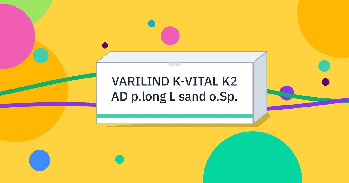 Symbolbild: Packung mit der Aufschrift VARILIND K-VITAL K2 AD p.long L sand o.Sp. (PZN 20567708) – Verfügbarkeit und Bezug in Apotheken in Frankfurt am Main