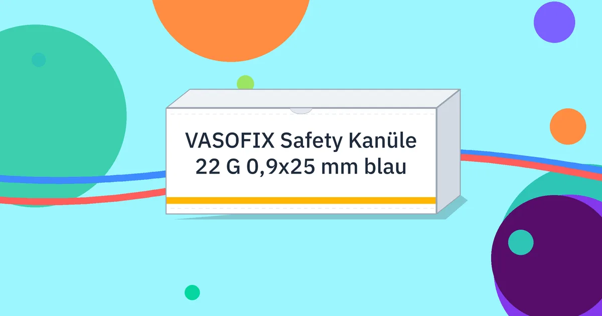 Symbolbild: Packung mit der Aufschrift VASOFIX Safety Kanüle 22 G 0,9x25 mm blau (PZN 20545351) – Verfügbarkeit und Bezug in Apotheken in Frankfurt am Main