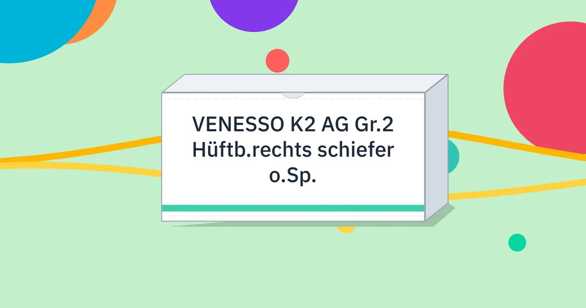 Symbolbild: Packung mit der Aufschrift VENESSO K2 AG Gr.2 Hüftb.rechts schiefer o.Sp. (PZN 03271751) – Verfügbarkeit und Bezug in Apotheken in Frankfurt am Main