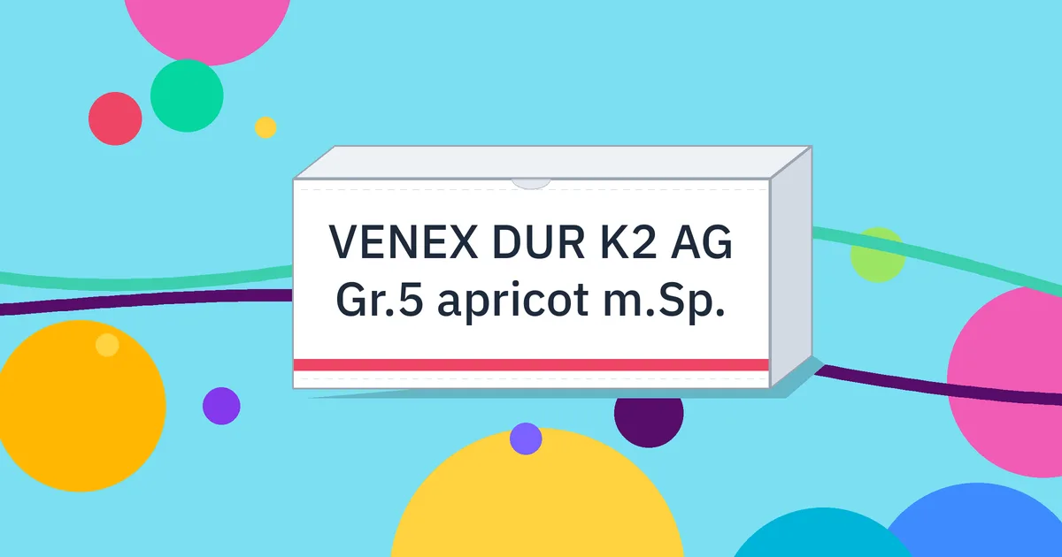 Symbolbild: Packung mit der Aufschrift VENEX DUR K2 AG Gr.5 apricot m.Sp. (PZN 03213736) – Verfügbarkeit und Bezug in Apotheken in Frankfurt am Main