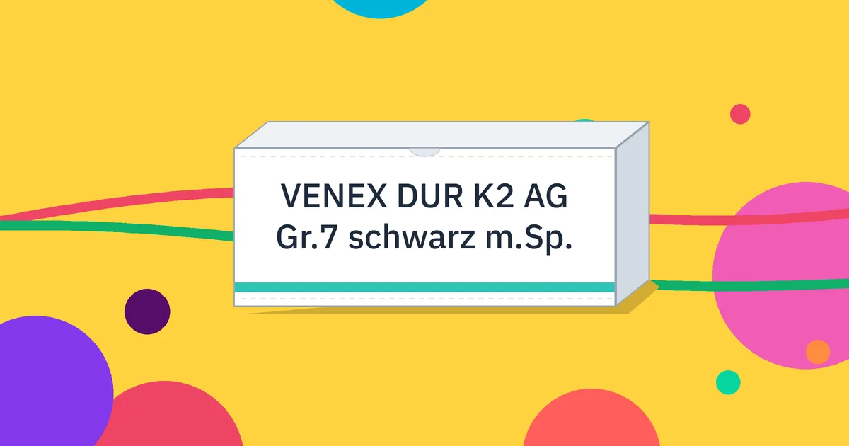 Symbolbild: Packung mit der Aufschrift VENEX DUR K2 AG Gr.7 schwarz m.Sp. (PZN 03214150) – Verfügbarkeit und Bezug in Apotheken in Frankfurt am Main