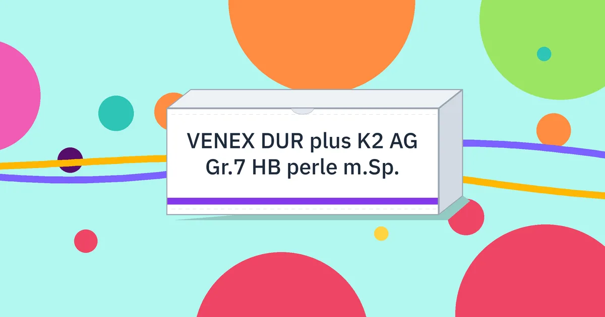 Symbolbild: Packung mit der Aufschrift VENEX DUR plus K2 AG Gr.7 HB perle m.Sp. (PZN 03236499) – Verfügbarkeit und Bezug in Apotheken in Frankfurt am Main