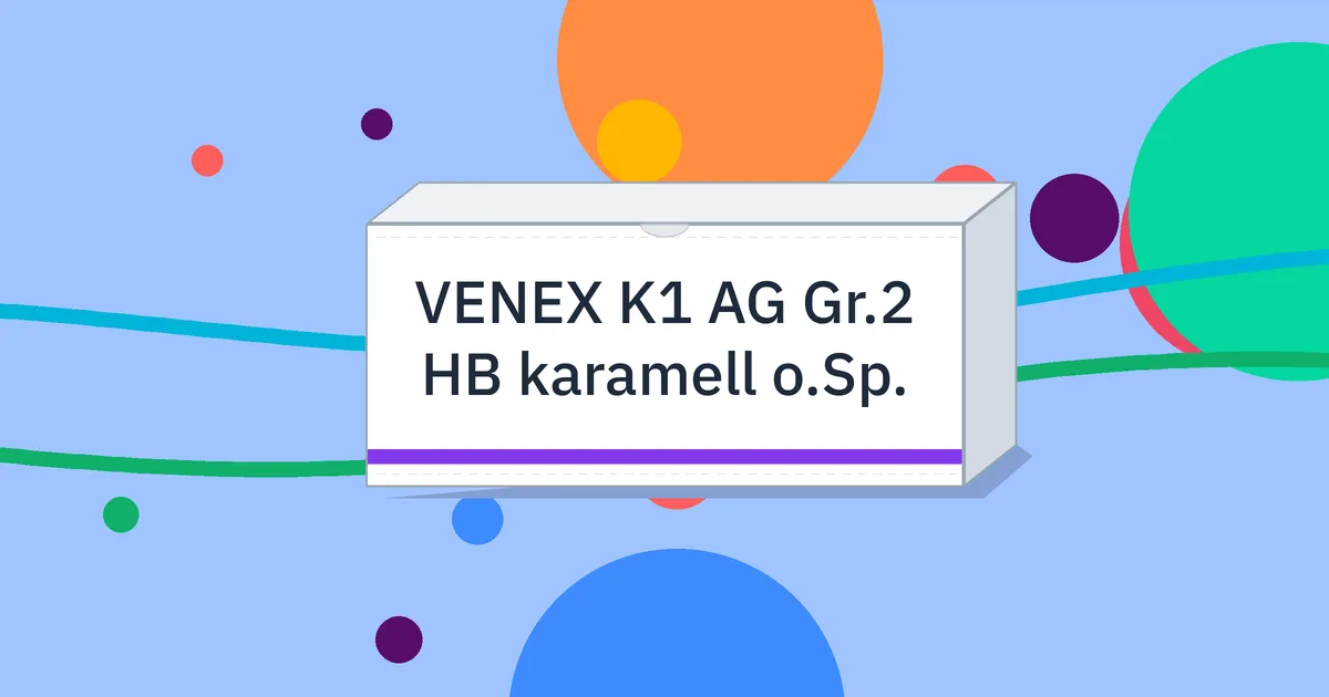 Symbolbild: Packung mit der Aufschrift VENEX K1 AG Gr.2 HB karamell o.Sp. (PZN 13757621) – Verfügbarkeit und Bezug in Apotheken in Frankfurt am Main