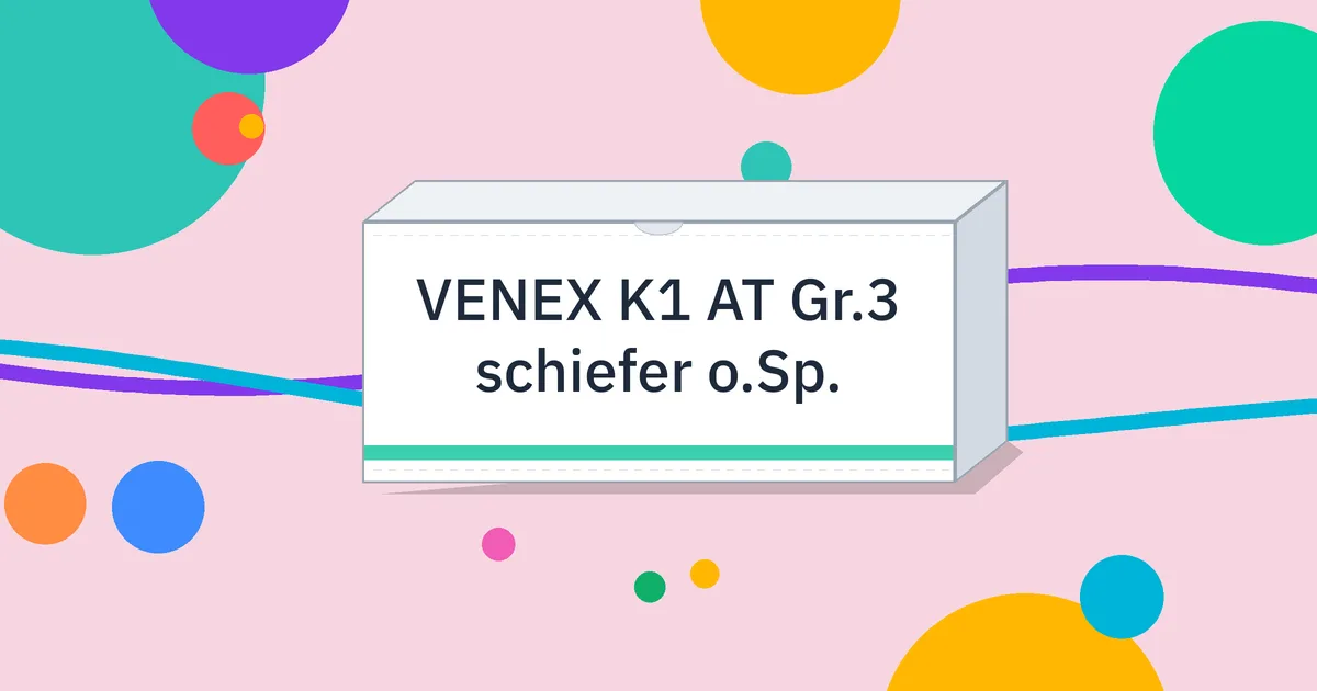 Symbolbild: Packung mit der Aufschrift VENEX K1 AT Gr.3 schiefer o.Sp. (PZN 03198184) – Verfügbarkeit und Bezug in Apotheken in Frankfurt am Main