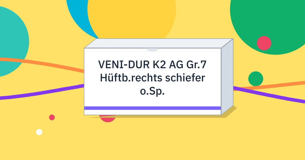 Symbolbild: Packung mit der Aufschrift VENI-DUR K2 AG Gr.7 Hüftb.rechts schiefer o.Sp. (PZN 03254221) – Verfügbarkeit und Bezug in Apotheken in Frankfurt am Main