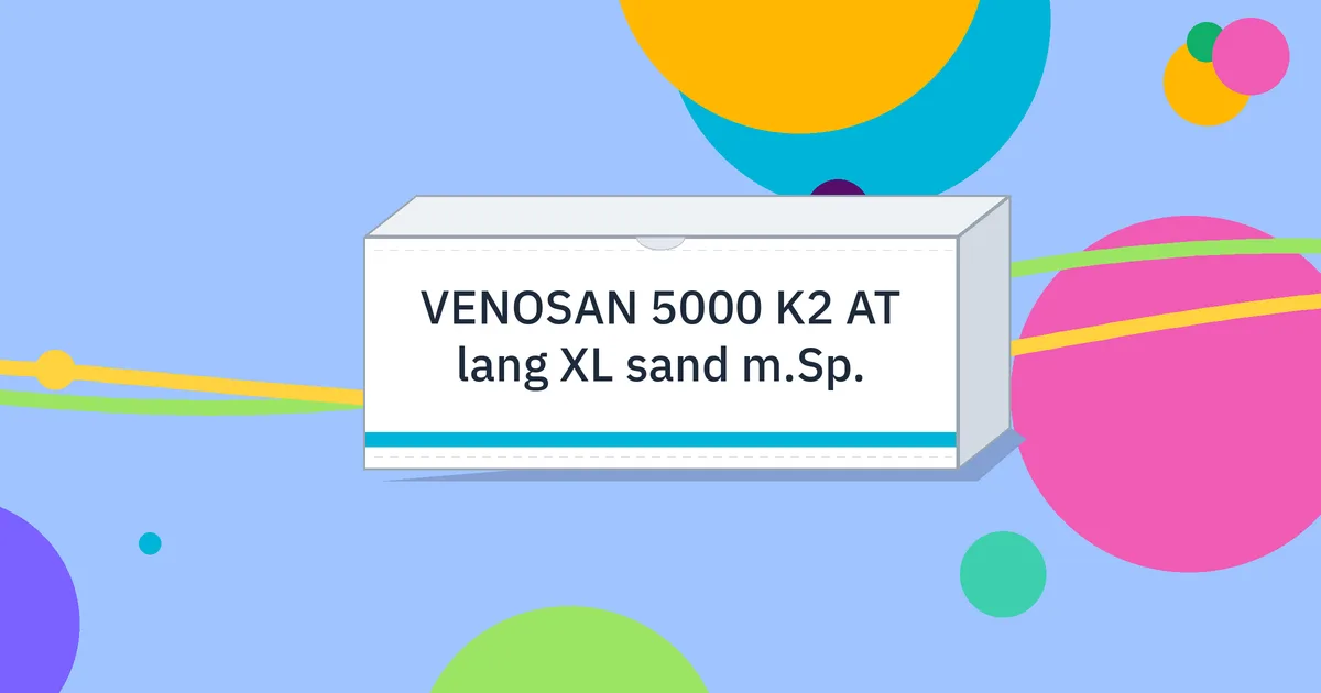 Symbolbild: Packung mit der Aufschrift VENOSAN 5000 K2 AT lang XL sand m.Sp. (PZN 14428701) – Verfügbarkeit und Bezug in Apotheken in Frankfurt am Main