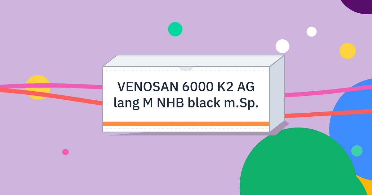 Symbolbild: Packung mit der Aufschrift VENOSAN 6000 K2 AG lang M NHB black m.Sp. (PZN 17173012) – Verfügbarkeit und Bezug in Apotheken in Frankfurt am Main