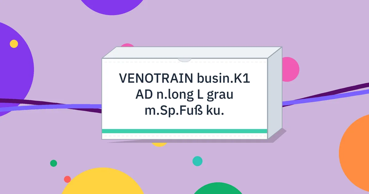 Symbolbild: Packung mit der Aufschrift VENOTRAIN busin.K1 AD n.long L grau m.Sp.Fuß ku. (PZN 19057215) – Verfügbarkeit und Bezug in Apotheken in Frankfurt am Main