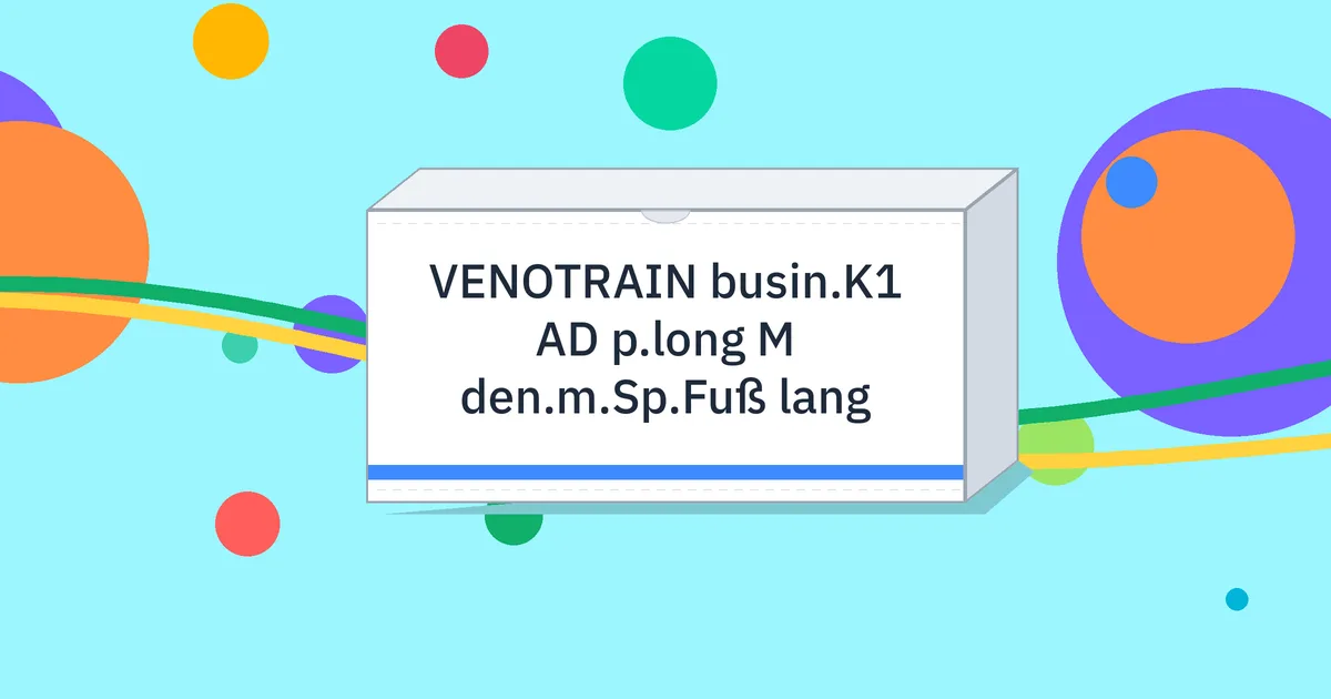 Symbolbild: Packung mit der Aufschrift VENOTRAIN busin.K1 AD p.long M den.m.Sp.Fuß lang (PZN 19056701) – Verfügbarkeit und Bezug in Apotheken in Frankfurt am Main