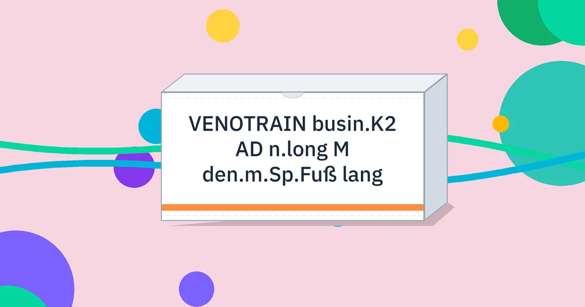 Symbolbild: Packung mit der Aufschrift VENOTRAIN busin.K2 AD n.long M den.m.Sp.Fuß lang (PZN 19056983) – Verfügbarkeit und Bezug in Apotheken in Frankfurt am Main