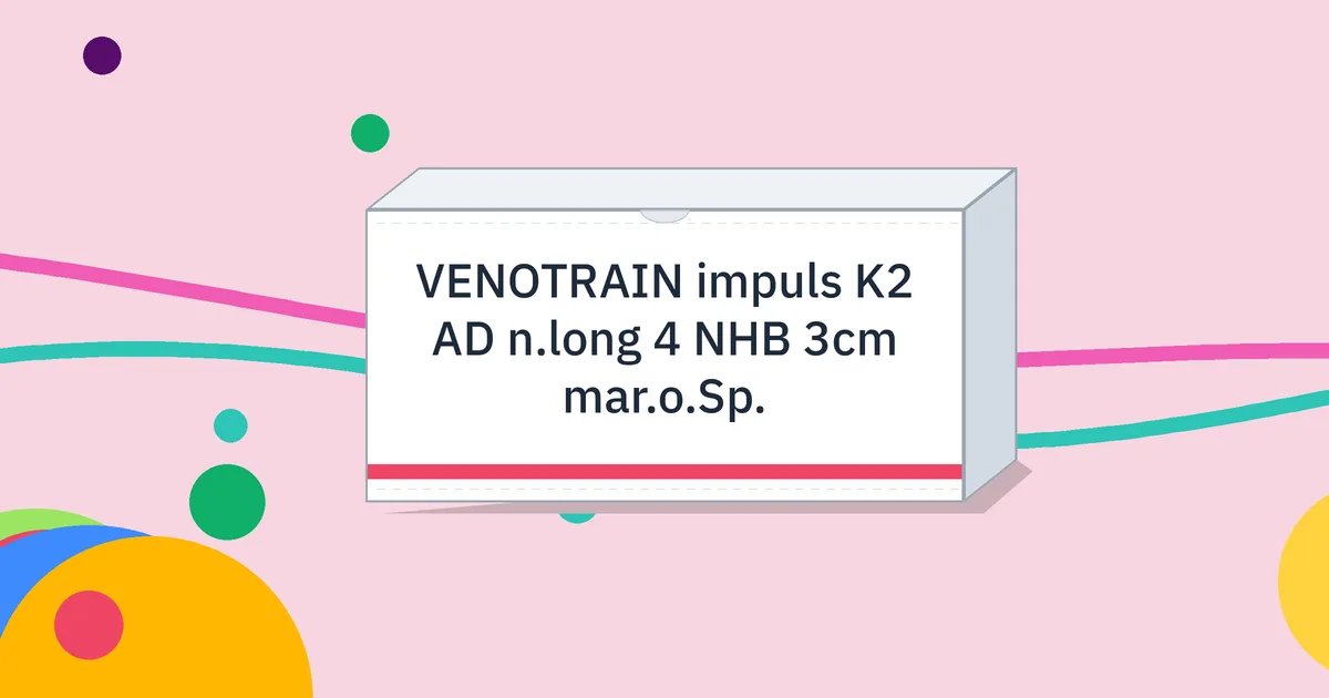 Symbolbild: Packung mit der Aufschrift VENOTRAIN impuls K2 AD n.long 4 NHB 3cm mar.o.Sp. (PZN 15223817) – Verfügbarkeit und Bezug in Apotheken in Frankfurt am Main