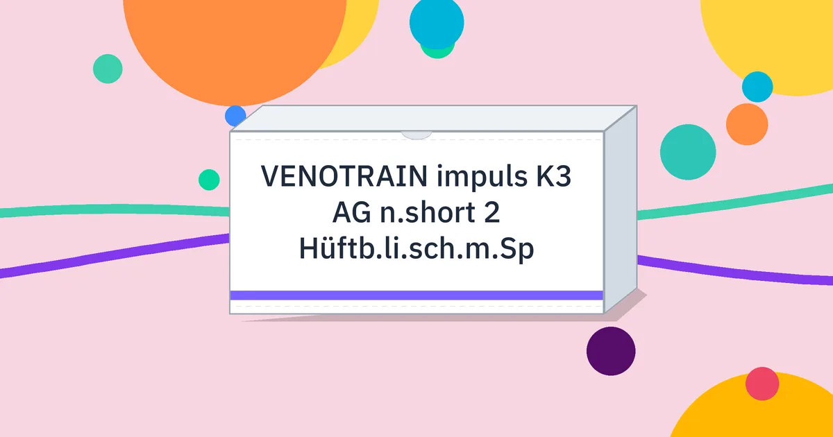 Symbolbild: Packung mit der Aufschrift VENOTRAIN impuls K3 AG n.short 2 Hüftb.li.sch.m.Sp (PZN 10295568) – Verfügbarkeit und Bezug in Apotheken in Frankfurt am Main
