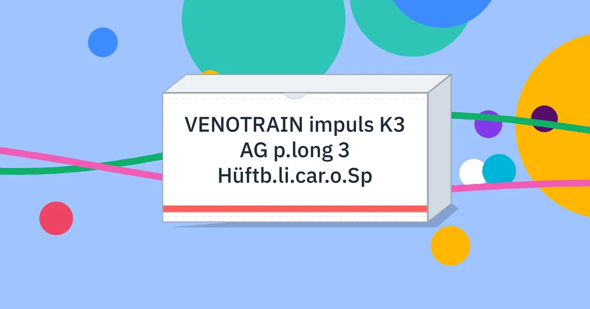 Symbolbild: Packung mit der Aufschrift VENOTRAIN impuls K3 AG p.long 3 Hüftb.li.car.o.Sp (PZN 08425288) – Verfügbarkeit und Bezug in Apotheken in Frankfurt am Main