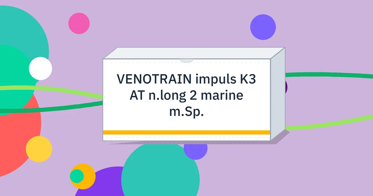 Symbolbild: Packung mit der Aufschrift VENOTRAIN impuls K3 AT n.long 2 marine m.Sp. (PZN 19355579) – Verfügbarkeit und Bezug in Apotheken in Frankfurt am Main