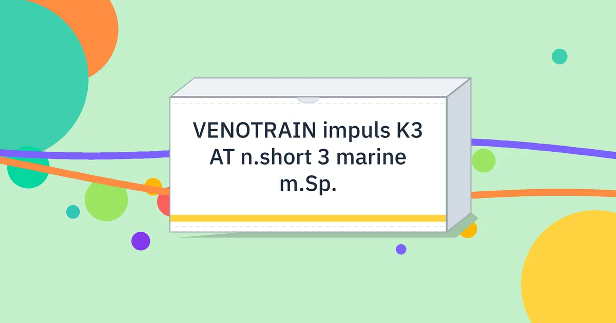 Symbolbild: Packung mit der Aufschrift VENOTRAIN impuls K3 AT n.short 3 marine m.Sp. (PZN 19355473) – Verfügbarkeit und Bezug in Apotheken in Frankfurt am Main