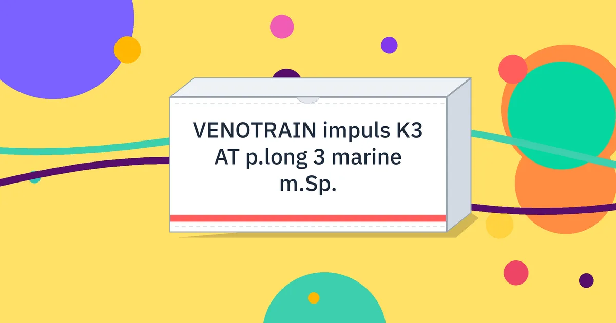Symbolbild: Packung mit der Aufschrift VENOTRAIN impuls K3 AT p.long 3 marine m.Sp. (PZN 19355763) – Verfügbarkeit und Bezug in Apotheken in Frankfurt am Main