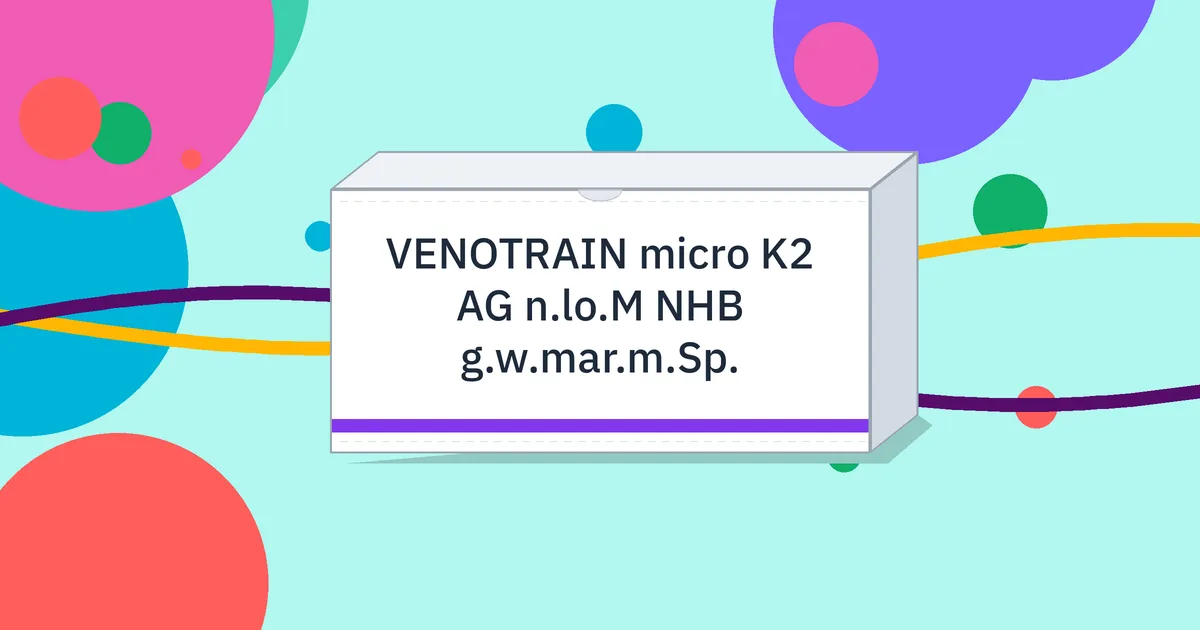 Symbolbild: Packung mit der Aufschrift VENOTRAIN micro K2 AG n.lo.M NHB g.w.mar.m.Sp. (PZN 09035767) – Verfügbarkeit und Bezug in Apotheken in Frankfurt am Main