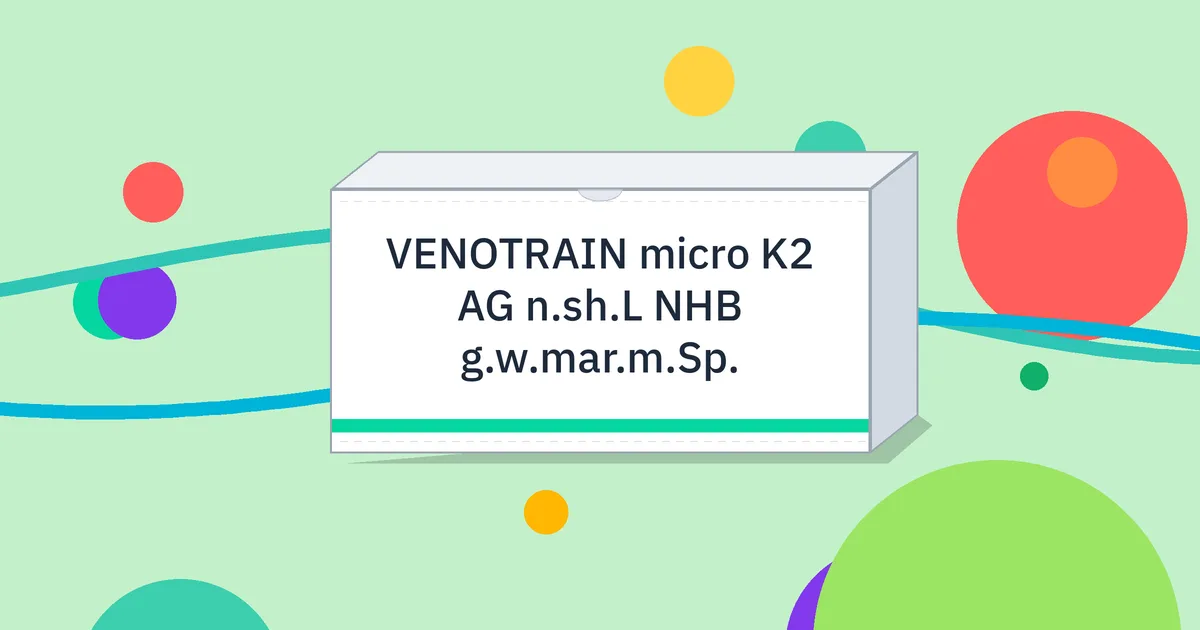Symbolbild: Packung mit der Aufschrift VENOTRAIN micro K2 AG n.sh.L NHB g.w.mar.m.Sp. (PZN 09035738) – Verfügbarkeit und Bezug in Apotheken in Frankfurt am Main