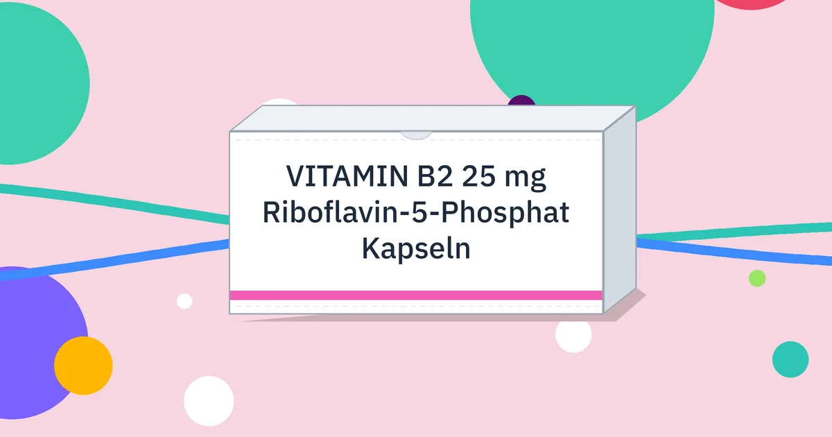 Symbolbild: Packung mit der Aufschrift VITAMIN B2 25 mg Riboflavin-5-Phosphat Kapseln (PZN 17965919) – Verfügbarkeit und Bezug in Apotheken in Frankfurt am Main